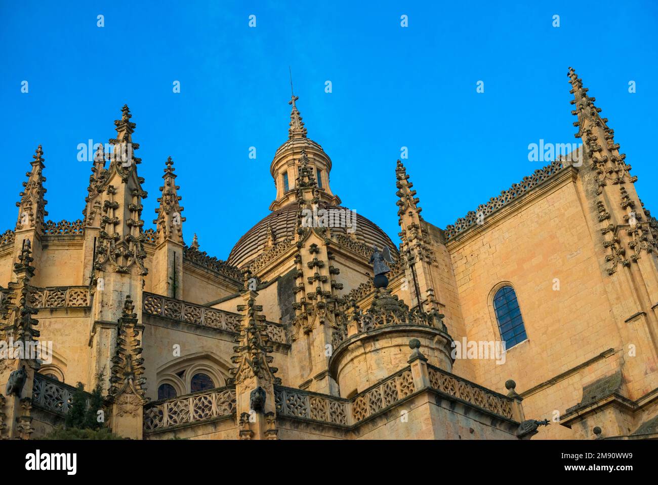 A bottom up landscape view of the dome and steeples of Segovia ...