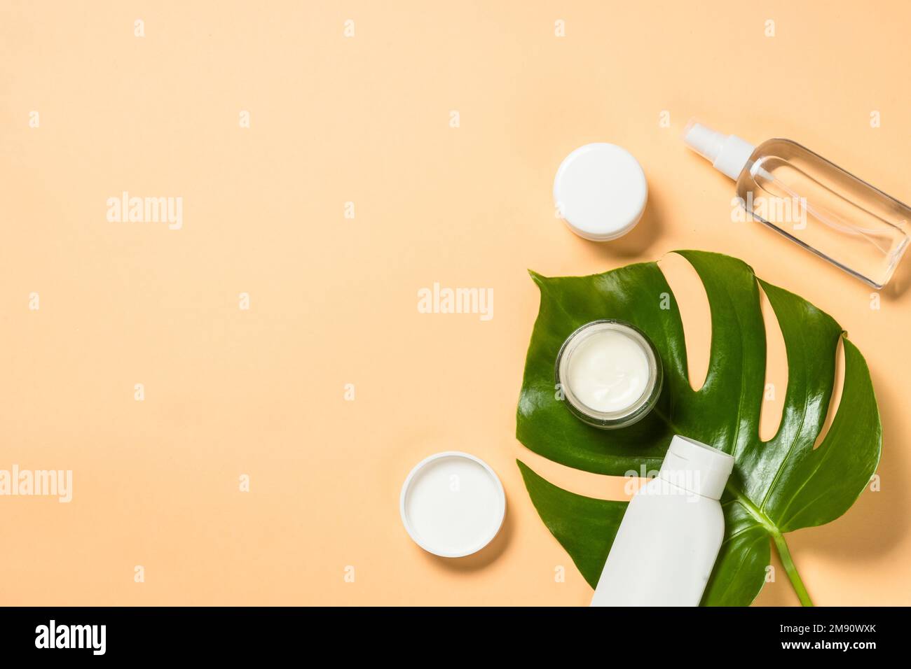 Natural cosmetic products flat lay. Cream, lotion, tonic for face and ...