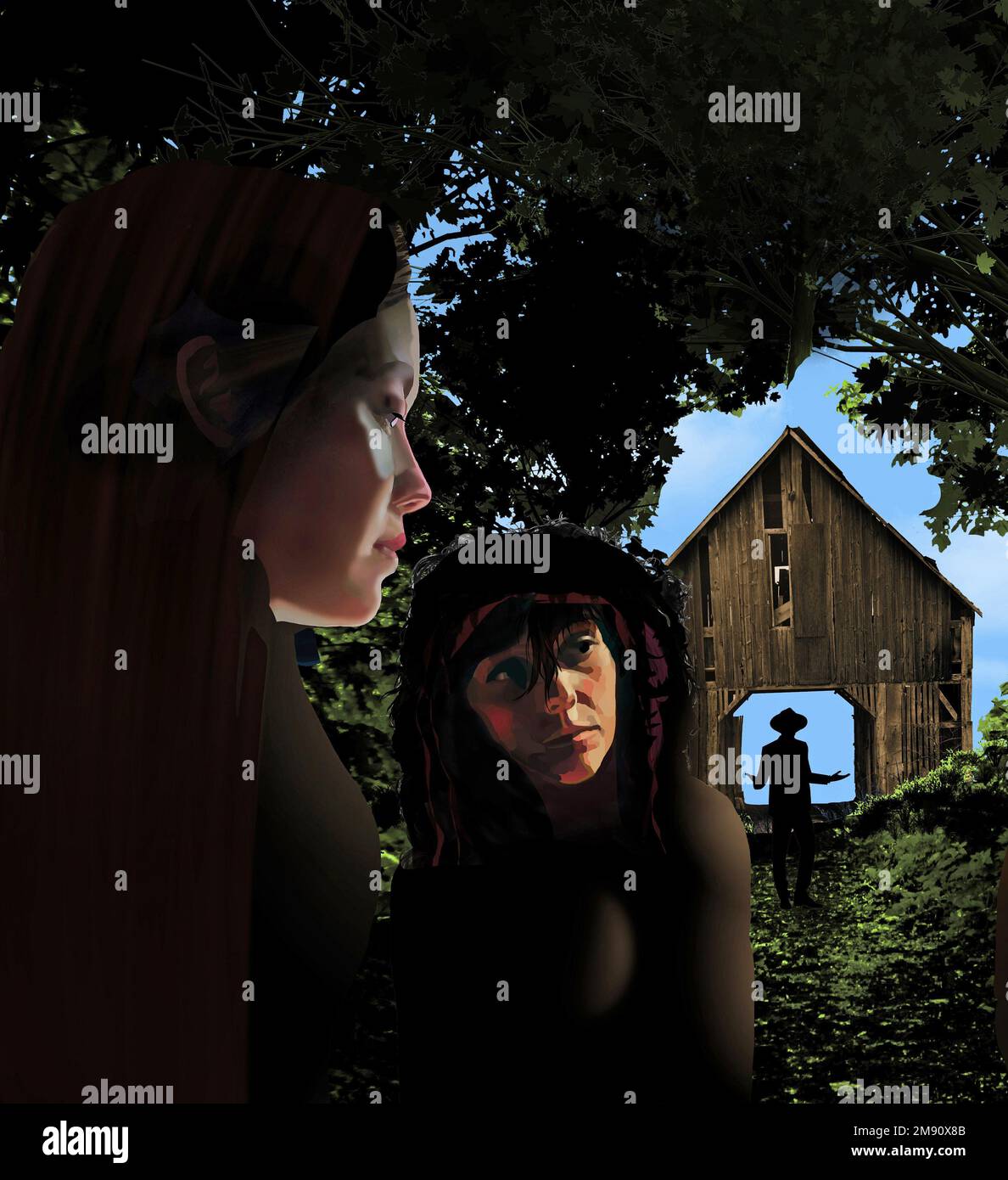 Two young women on the forest edge encounter a farmer at an old barn in ...