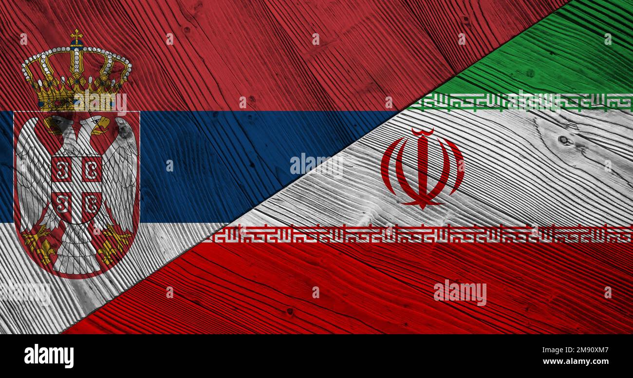 Background with flag of Serbia and Iran on wooden divided table. 3d ...