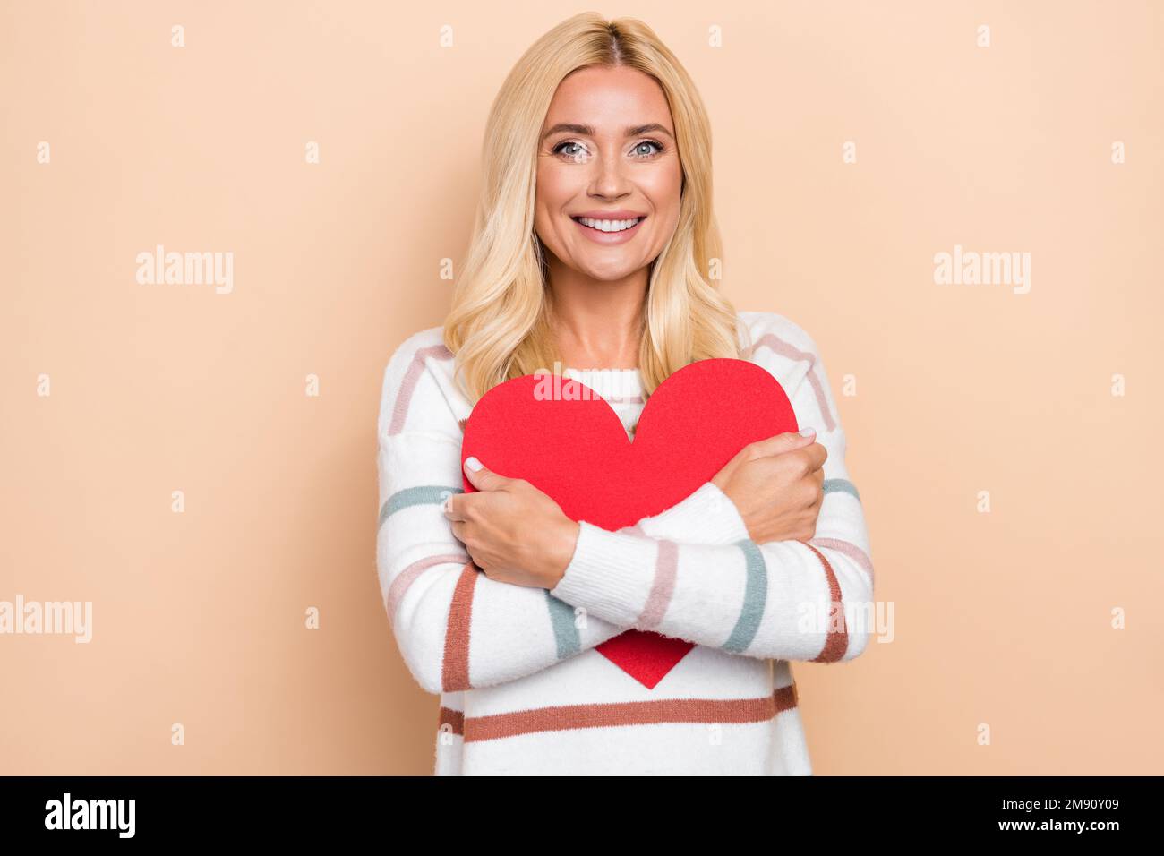 Photo of good mood gorgeous woman with curly hairstyle wear striped ...