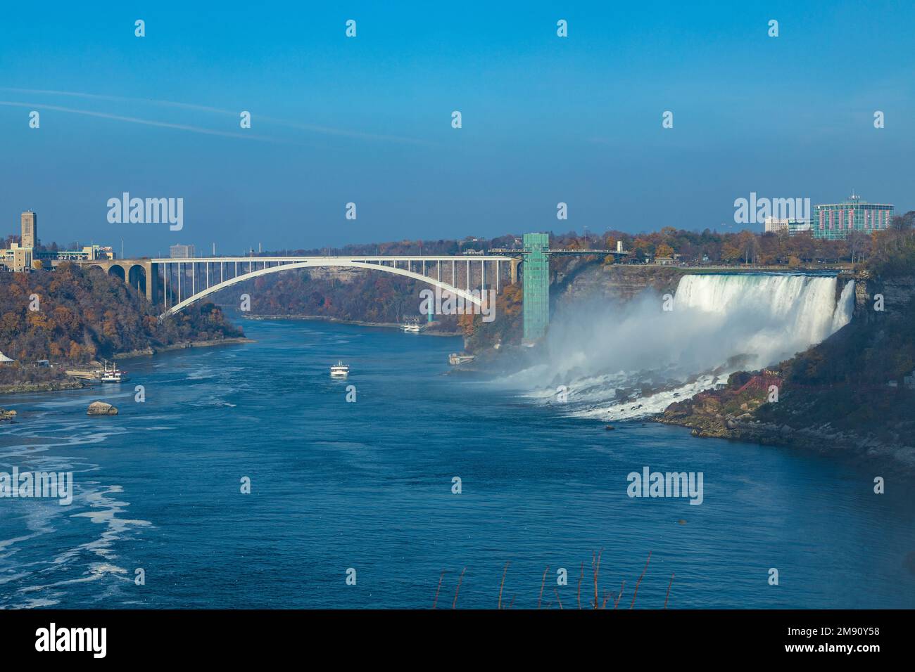 An aerial distant shot of Niagara Falls and the Rainbow Bridge under ...