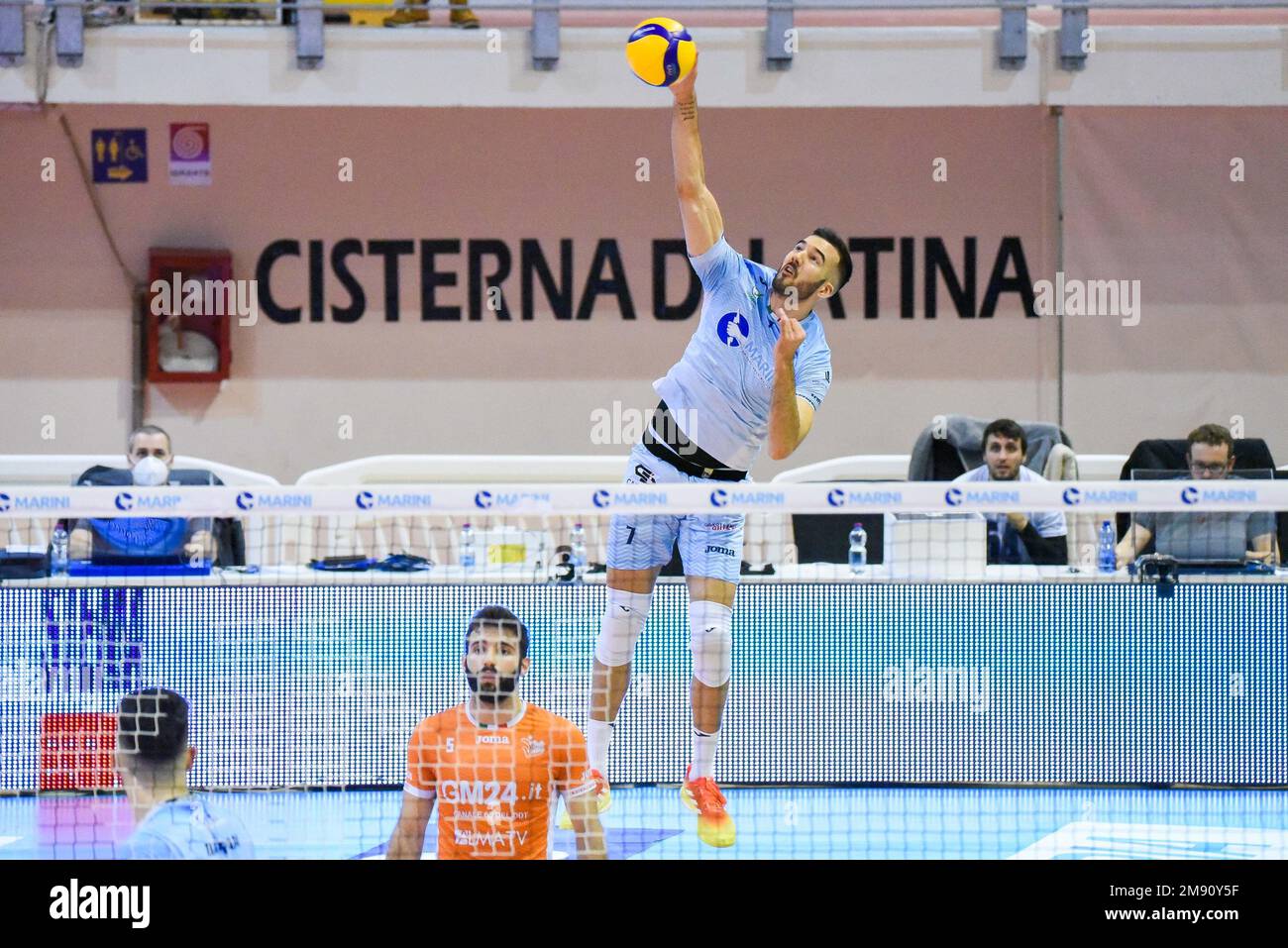Palasport, Cisterna, Italy, January 15, 2023, Marko Sedlacek serve(Top Volley Cisterna) during ...