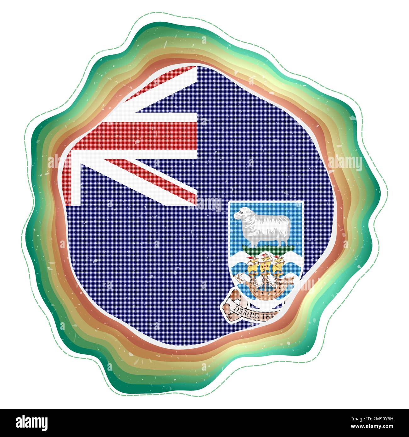 Falklands flag in frame. Badge of the country. Layered circular sign around Falklands flag ...