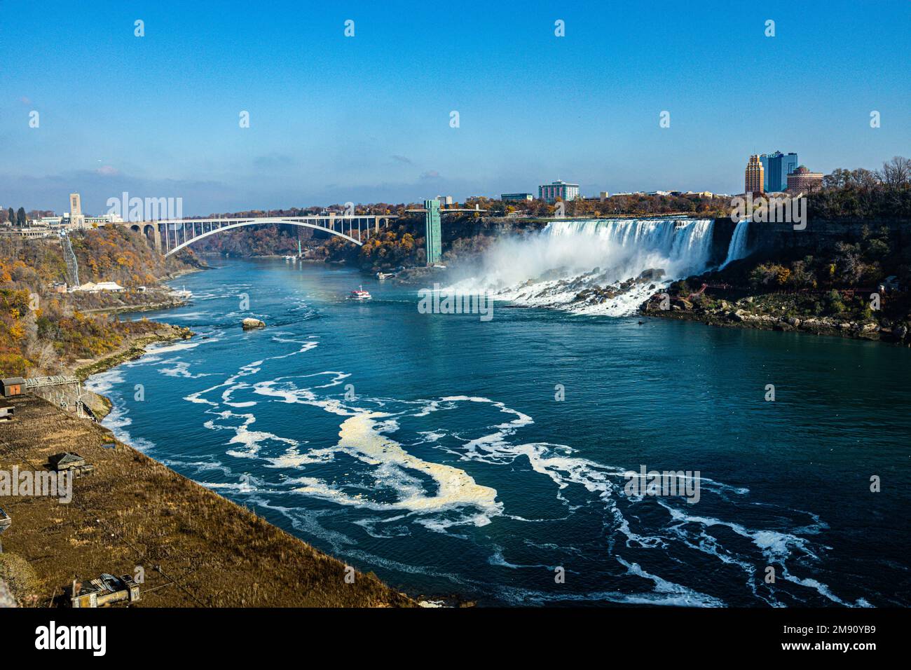 An aerial shot of the Rainbow arch bridge over the Niagara river under ...