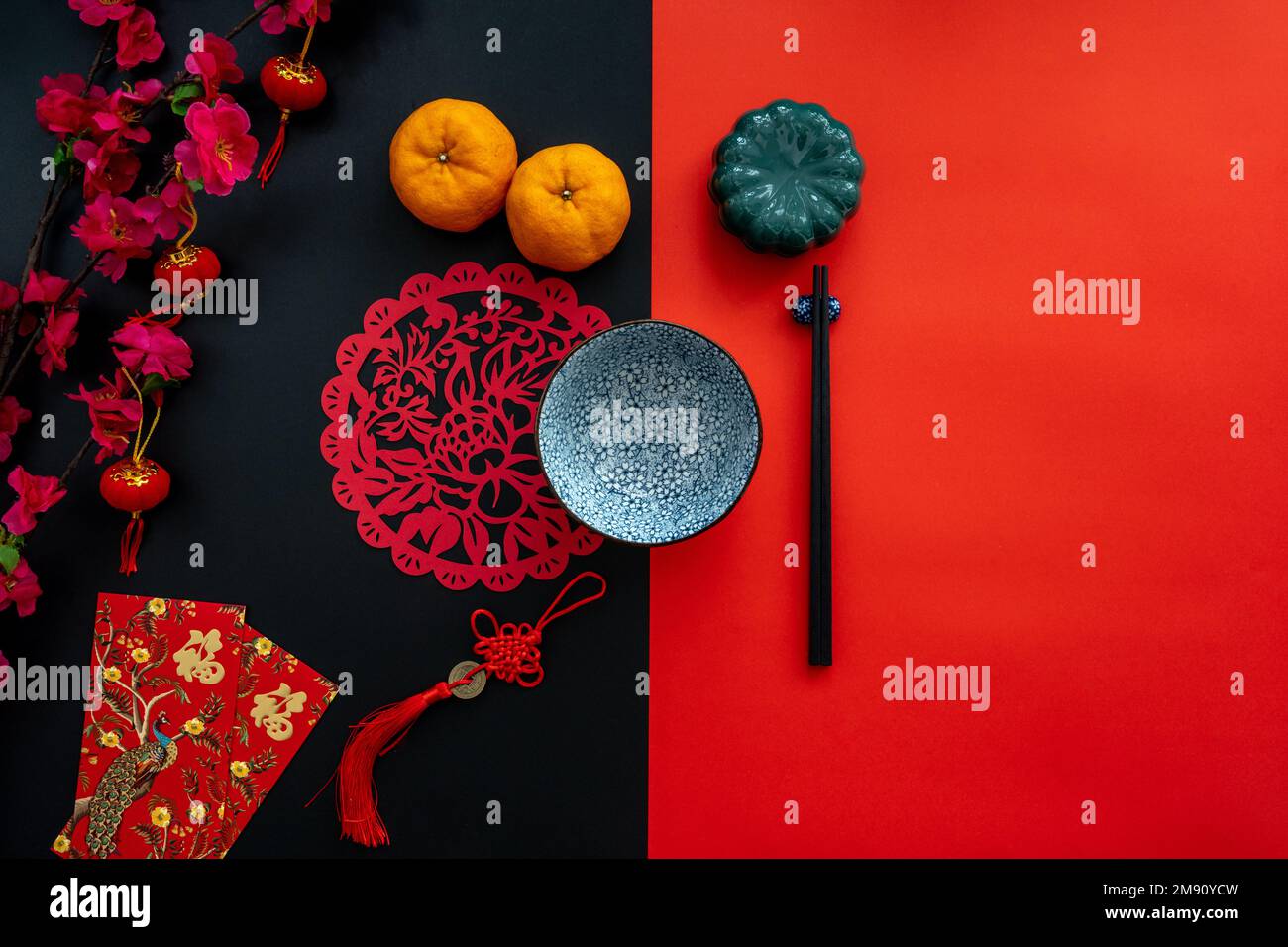 Chinese lunar new year decoration over red and black background. Flat ...