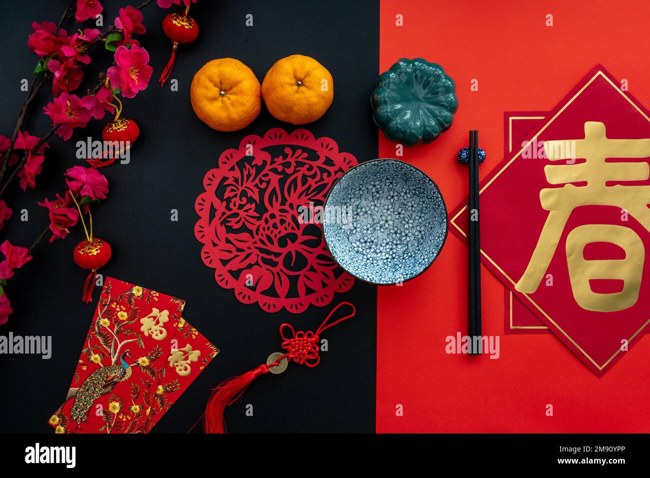 Chinese lunar new year decoration over red and black background. Flat ...