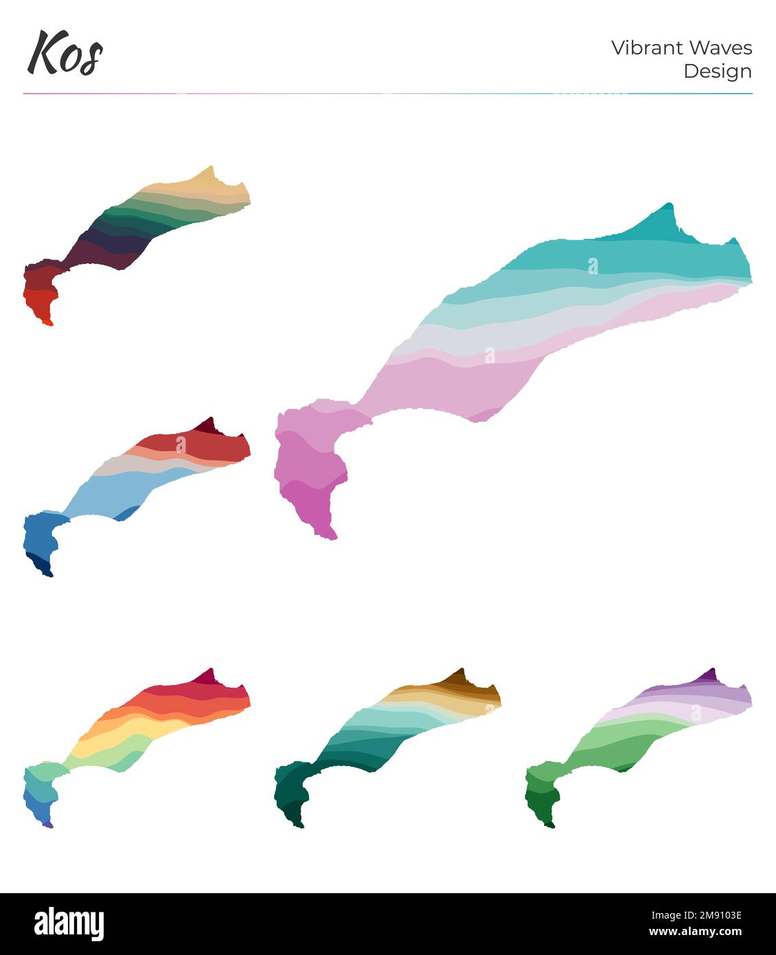 Set of vector maps of Kos. Vibrant waves design. Bright map of island ...