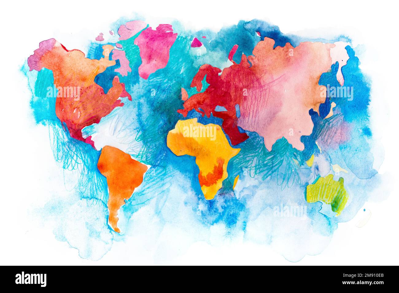 Map of the world with oceans and seas. Watercolor hand drawn Stock ...