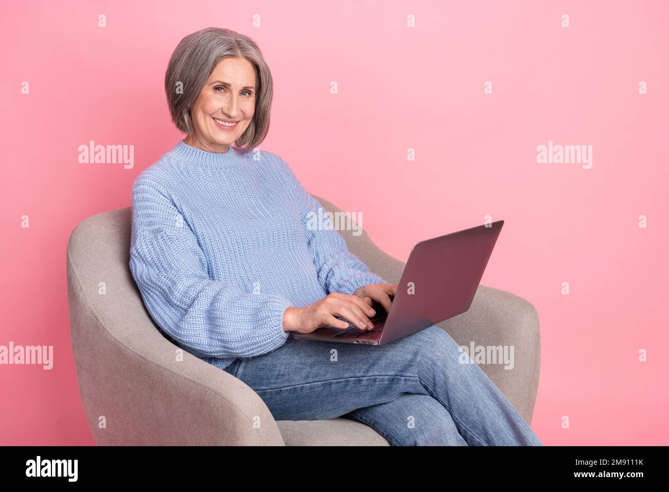 Photo of cheerful optimistic businesswoman retired lady grey bob hair ...