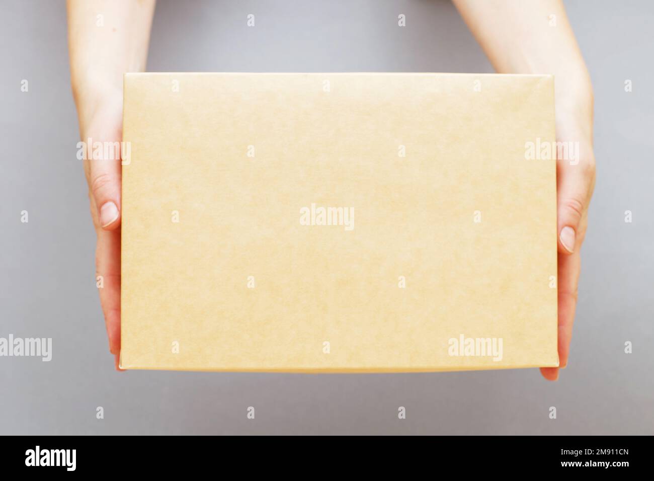 The human hands holding delivers carton box on the grey background ...