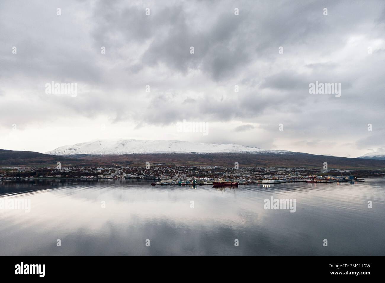 Akureyri City Cityscape with Port and Mountain in Background. Beautiful ...
