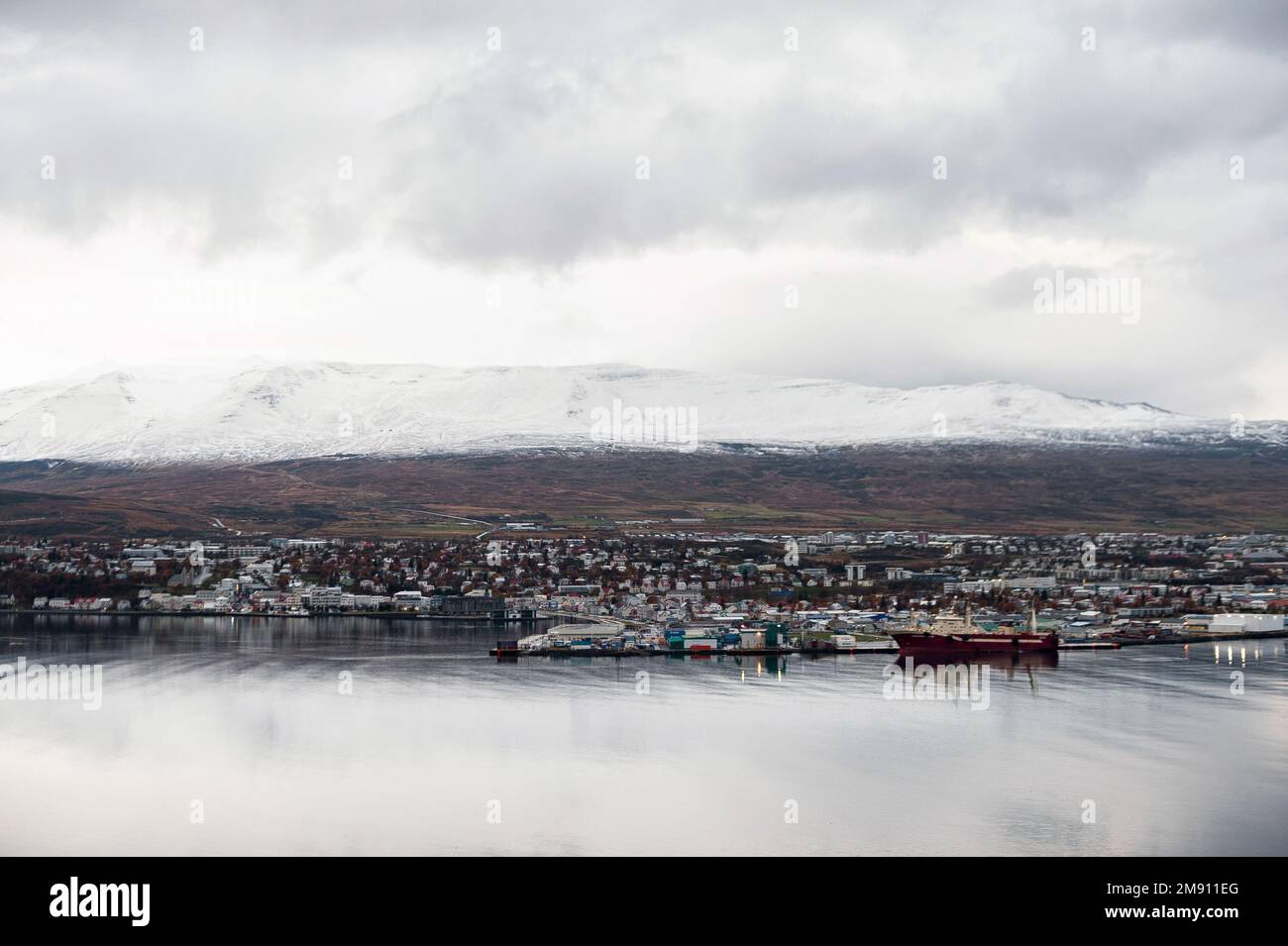 Akureyri City Cityscape with Port and Mountain in Background. Beautiful ...
