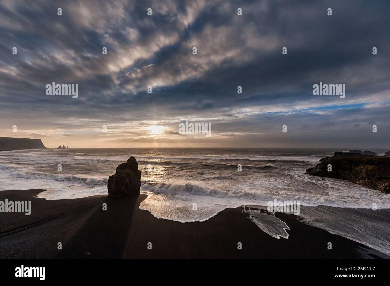 Black Sand Beach Reynisfjara in Iceland. Windy Morning. Ocean Waves ...