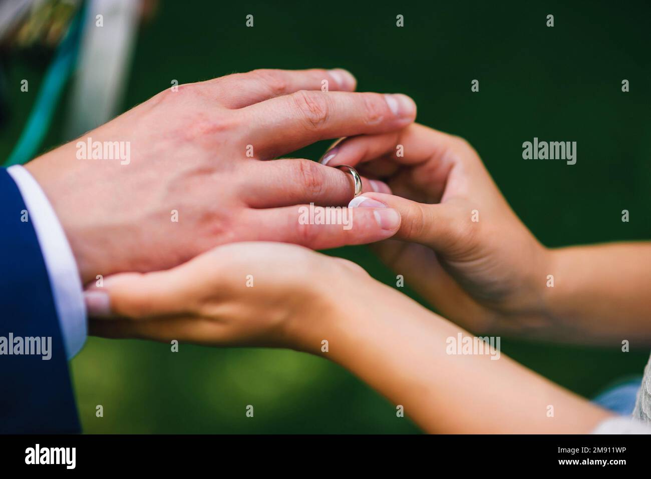 bride wears the ring on groom's finger at wedding ceremony closeup ...