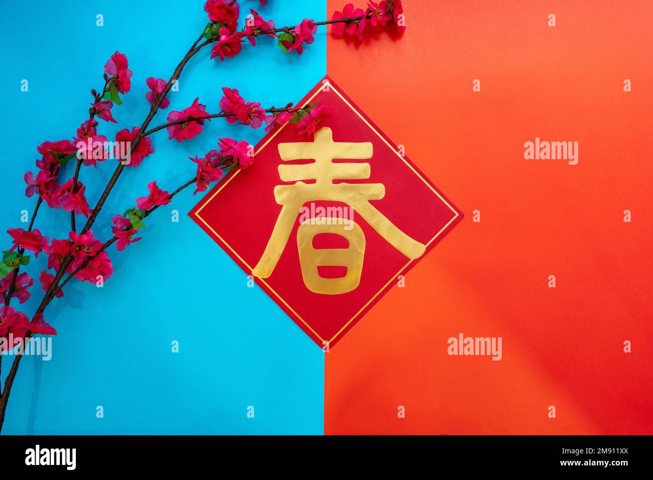 Elegant spring festival flat lay with red and blue background and plum ...