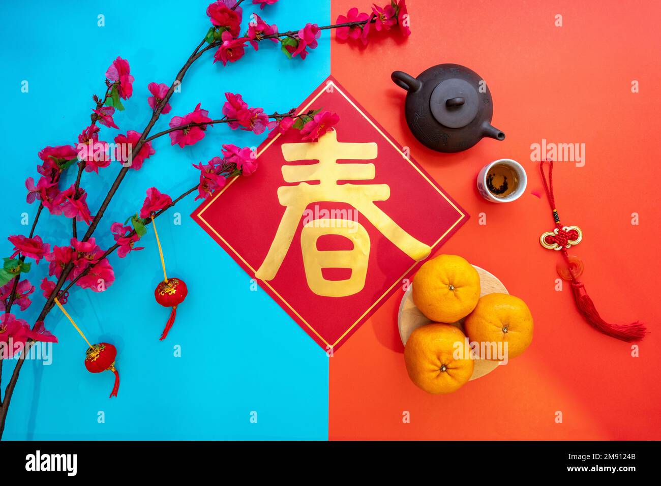 Chinese lunar new year decoration over red and blue background. Flat ...