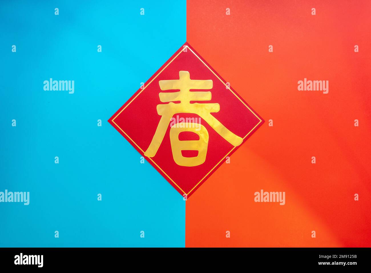 Elegant spring festival flat lay with red and blue background. Chinese ...