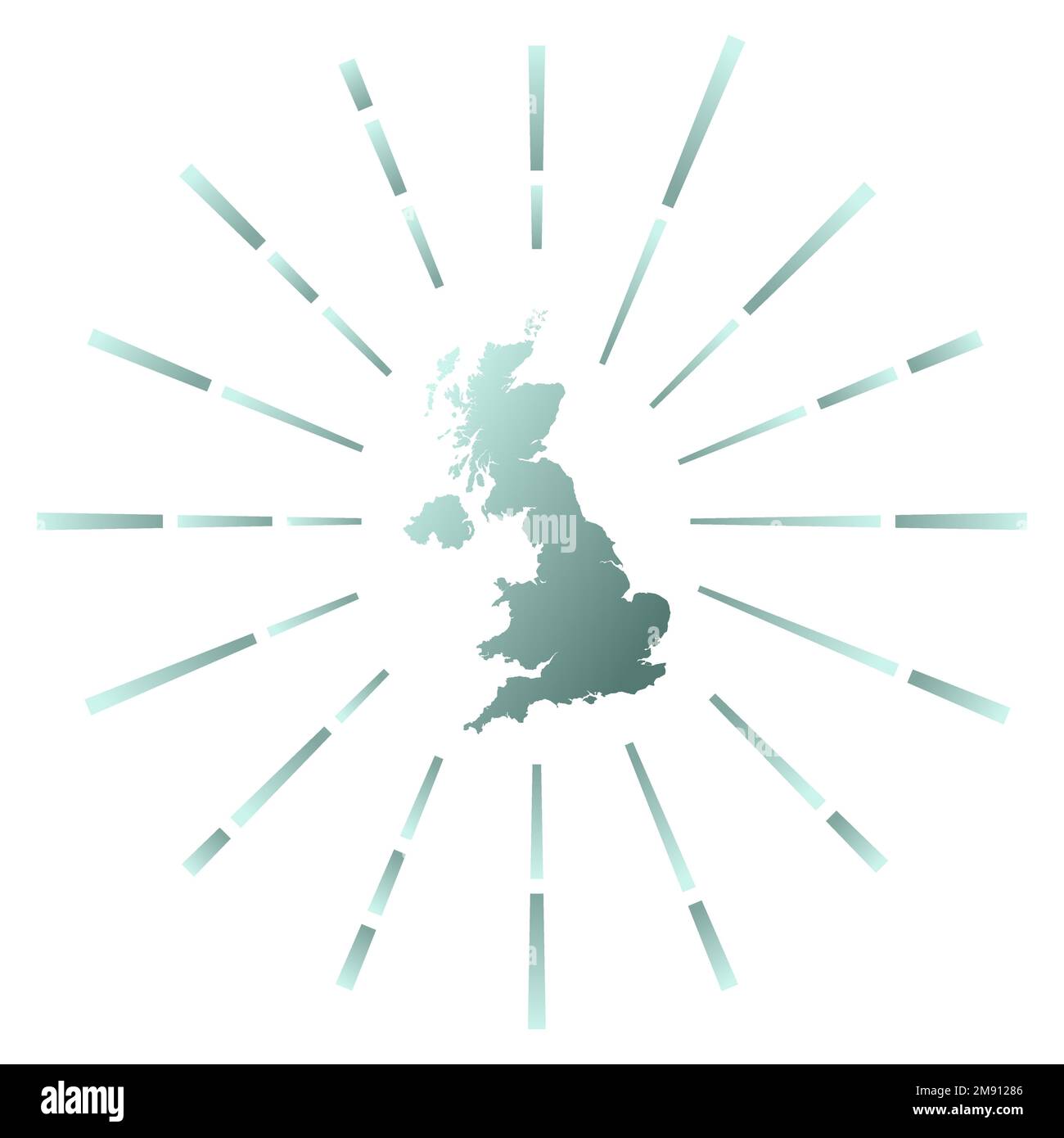 United Kingdom gradiented sunburst. Map of the country with colorful ...