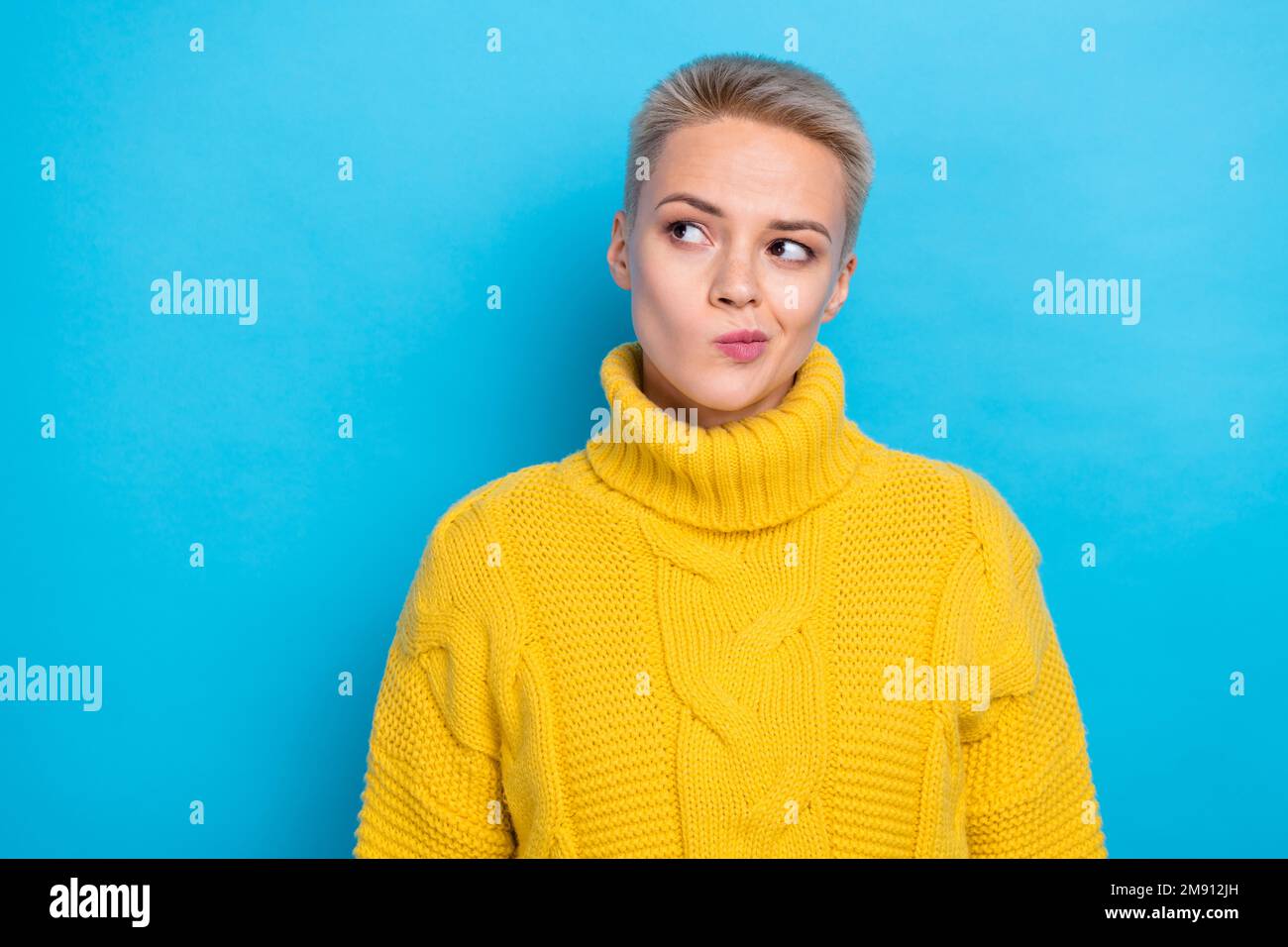 Photo of young ponder minded smart woman blonde short hair pouted lips ...