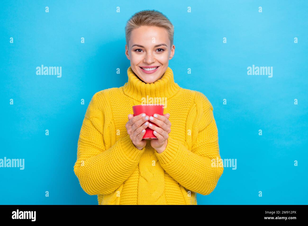 Photo of adorable cute lady wear knit sweater enjoying coffee aroma ...