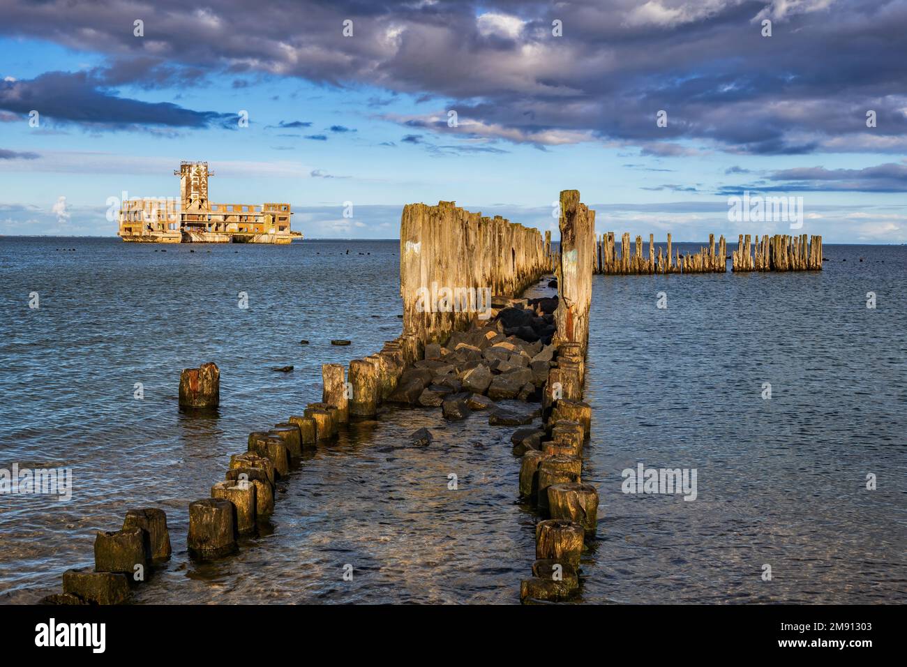 Wooden posts of an old pier in the Baltic Sea in Gdynia, Poland. This ...