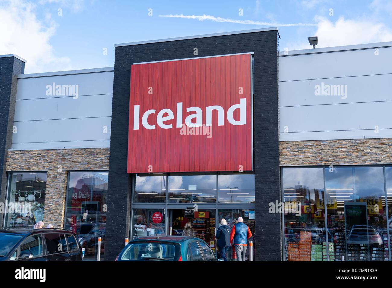 Exterior Signage of the Iceland supermarket in the Merry Hill Centre in Brierlley Hill in the UK ...