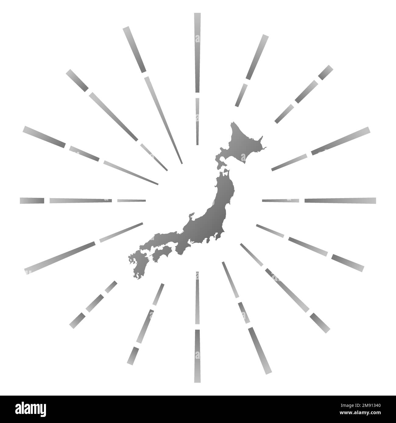 Japan gradiented sunburst. Map of the country with colorful star rays ...
