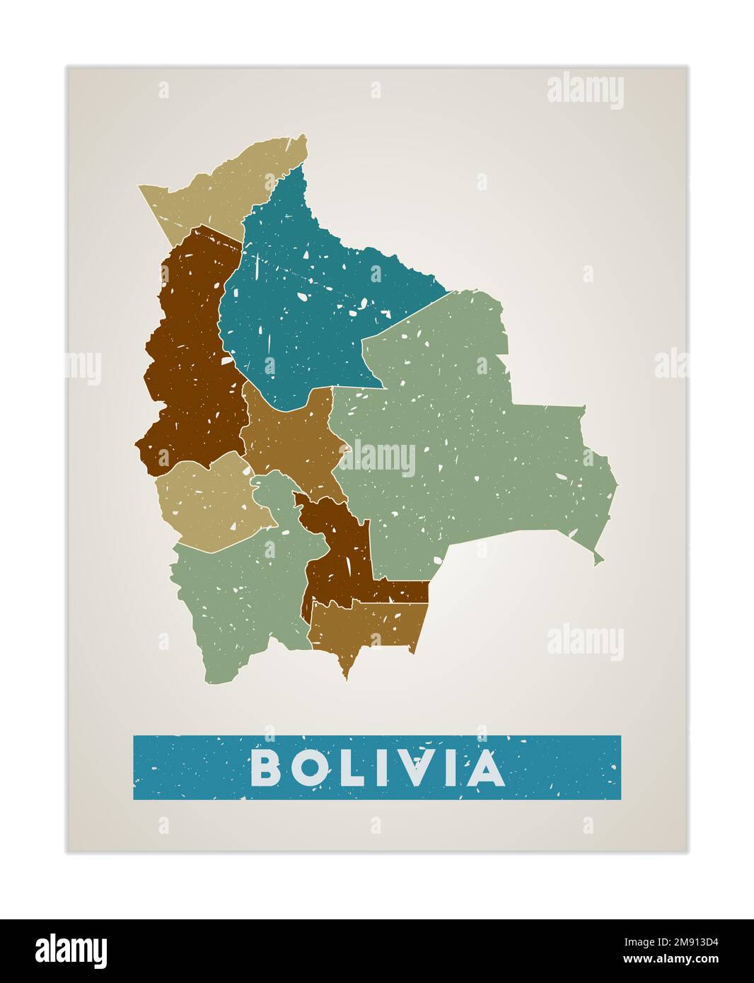 Bolivia map. Country poster with regions. Old grunge texture. Shape of ...