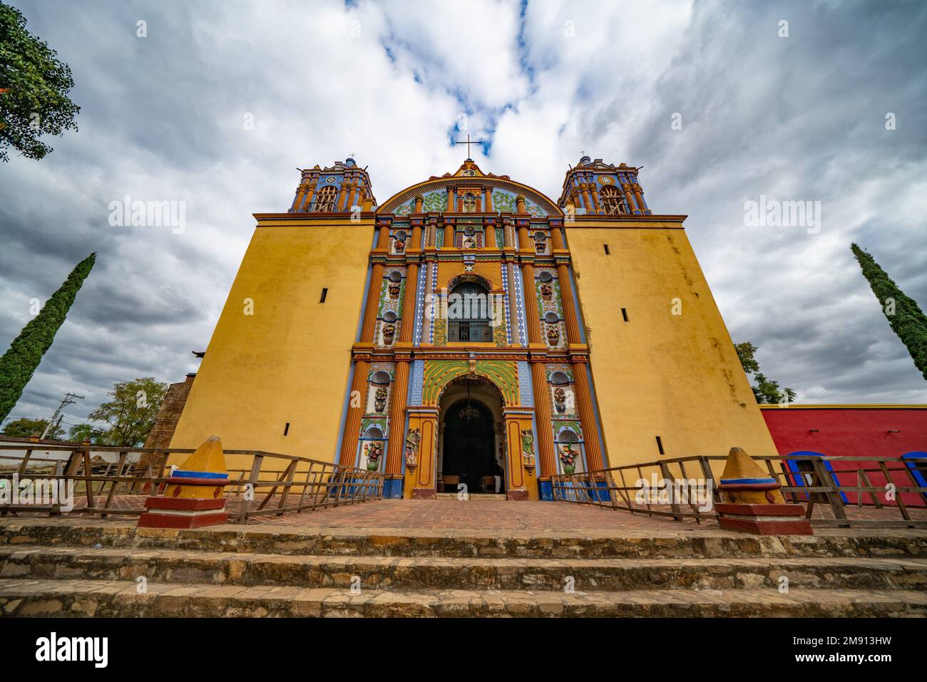 The facade of the Catholic parish church of Santa Ana Zegache in Oaxaca ...