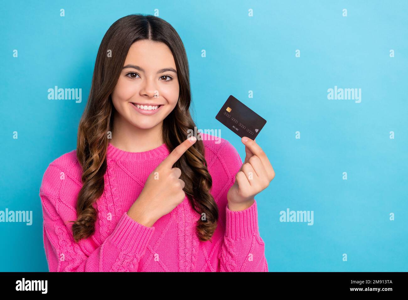 Photo of funky charming lady wear pink sweater pointing finger bank ...