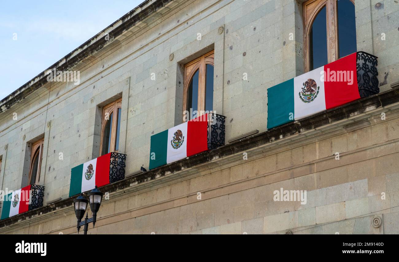 Mexican flag banners on the Government Palace to celebrate Mexican ...