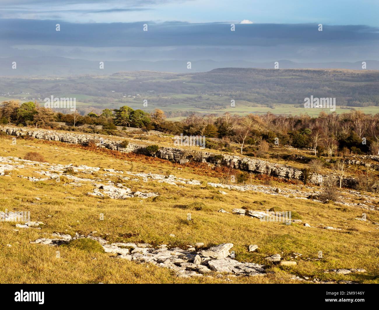 Whitbarrow Scar a limestone outcrop in South Cumbria, UK, looking down ...