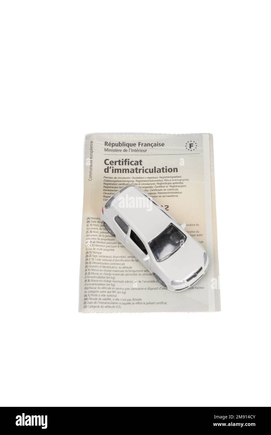 French registration certificate and white car Stock Photo - Alamy