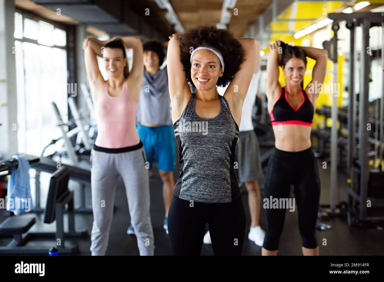 Group of young fit people, friends doing exercises in gym to stay ...
