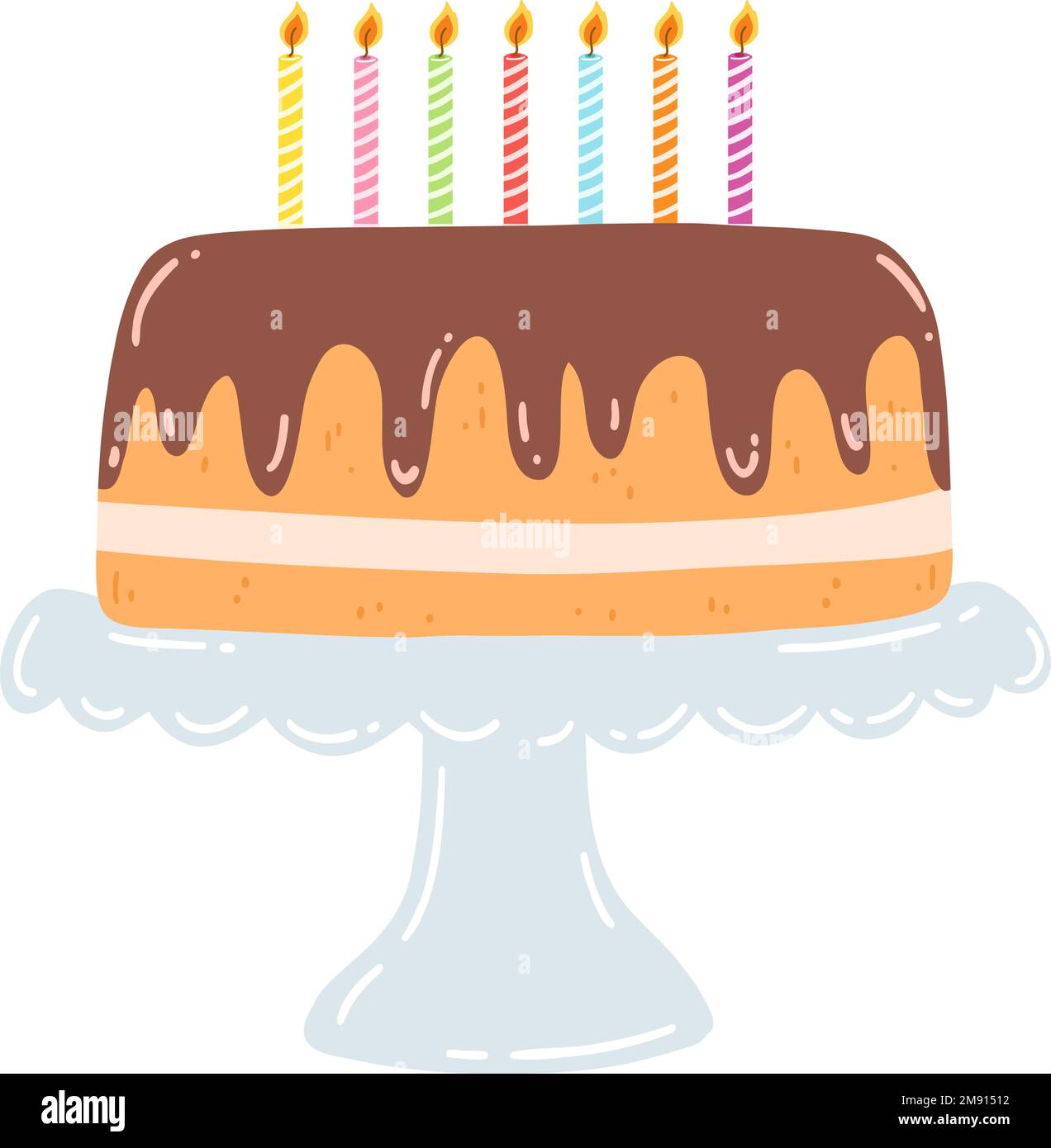 Birthday cake on a stand with candles in flat style. Hand drawn vector ...