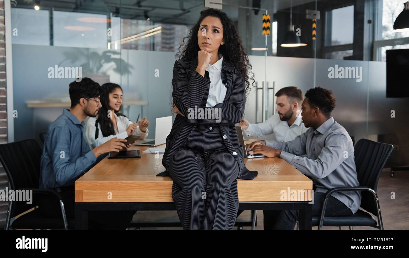 Pensive thinking thoughtful businesswoman female leader boss woman ...