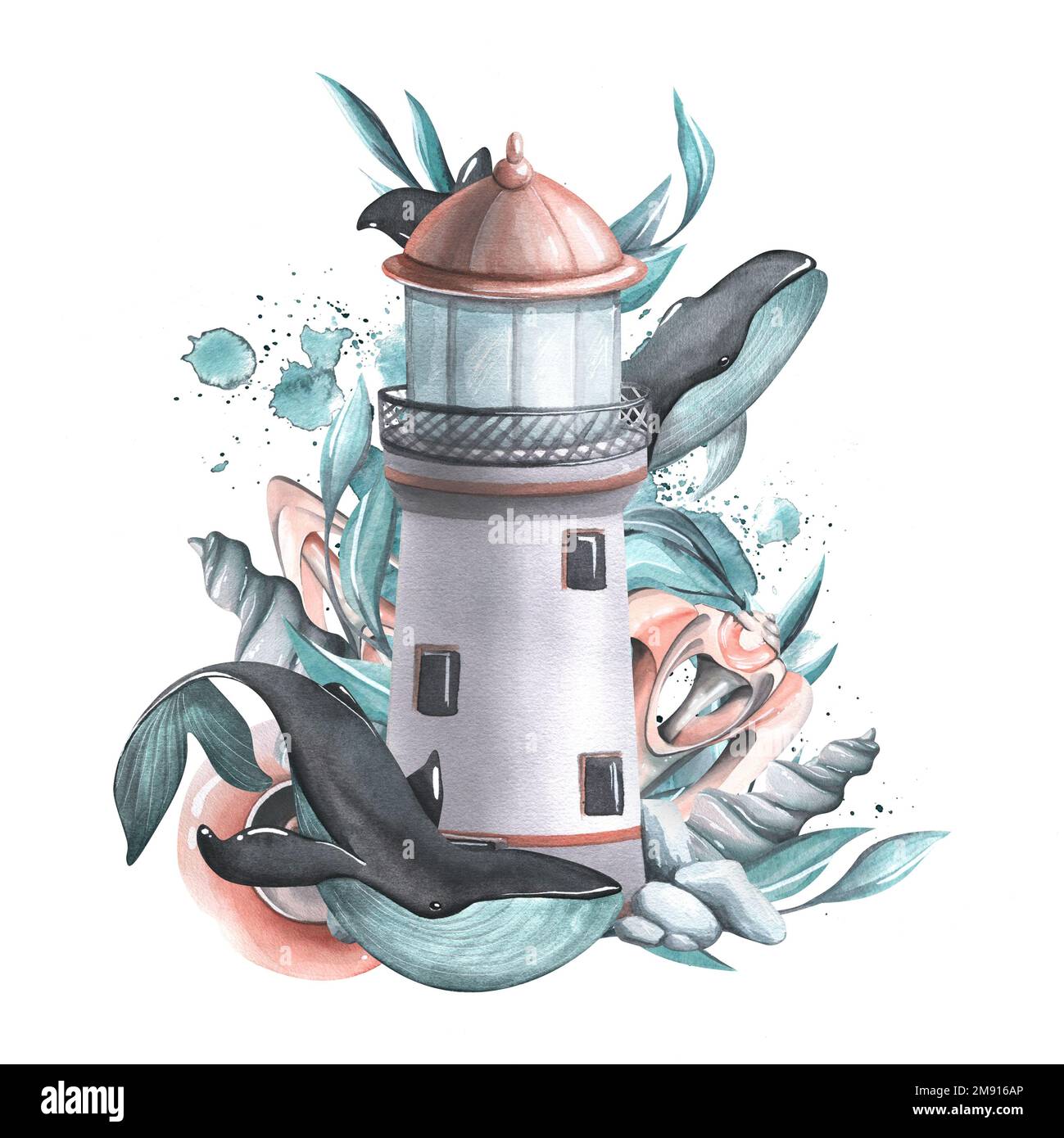 A marine lighthouse with whales, algae and shells. Watercolor ...