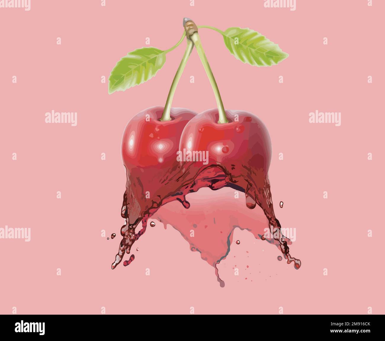Set of ripe sweet cherries with leaves and splash of juice Stock Vector ...