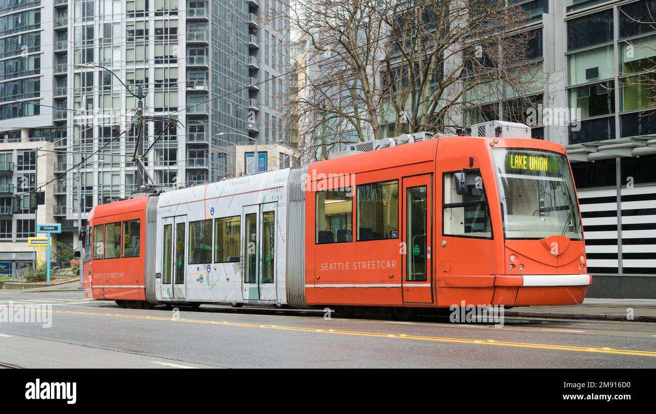 Seattle, WA, USA - January 15, 2023; Seattle streetcar in downtown ...