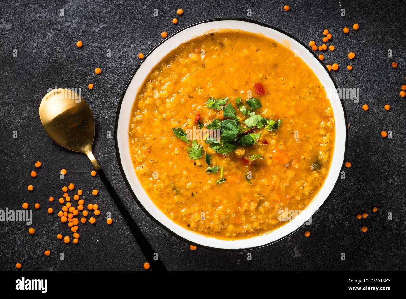 Traditional turkish or arabic Lentil soup, vegetable soup. Vegan dish ...