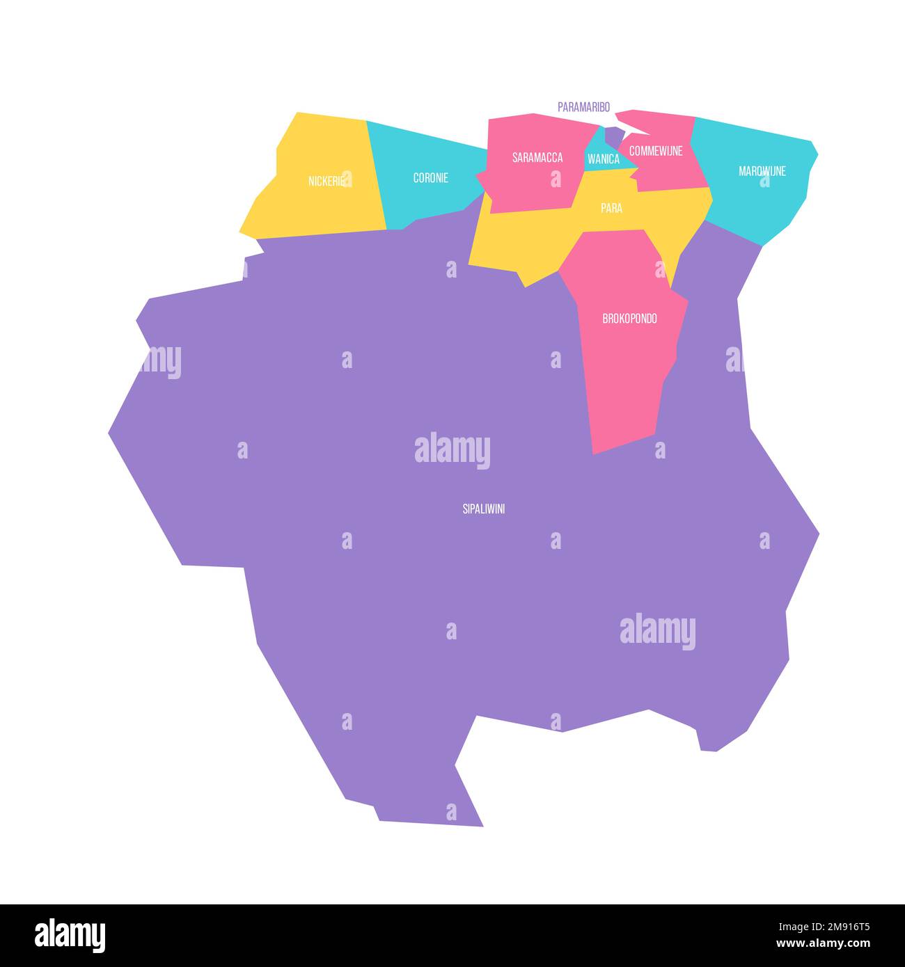 Suriname political map of administrative divisions - districts. Colorful vector map with labels ...