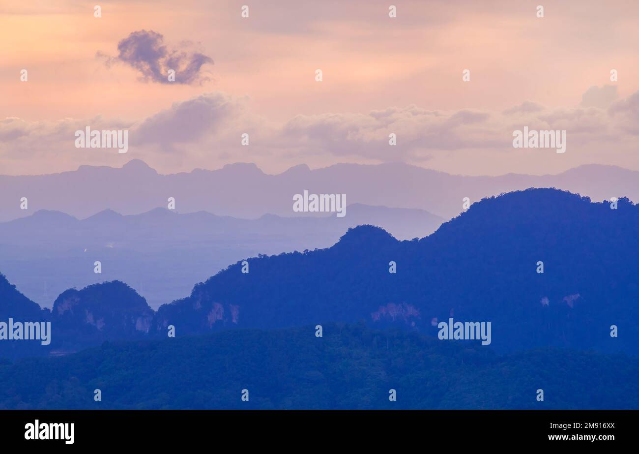 View of landscape nature and mist and mountain with sunlight and sunset ...