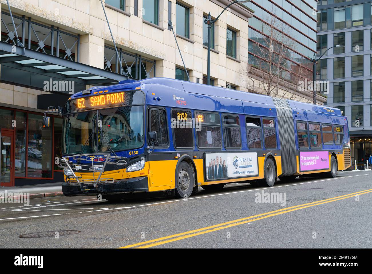 Seattle, WA, USA - January 15, 2023; King County Metro blue and yellow ...