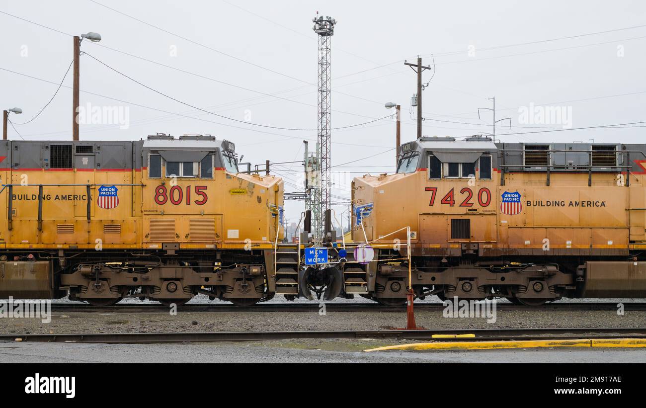 Seattle, WA, USA - January 12, 2023; Pair of Union Pacific locomotives ...