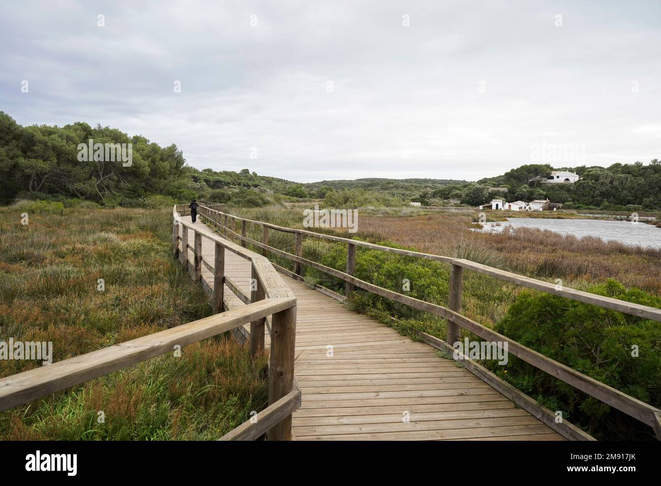 Es Grau, Minorca, wooden walkway in wetlands of Albufera des Grau ...