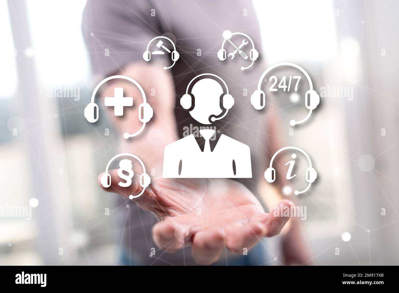 Help desk concept above the hand of a man in background Stock Photo - Alamy