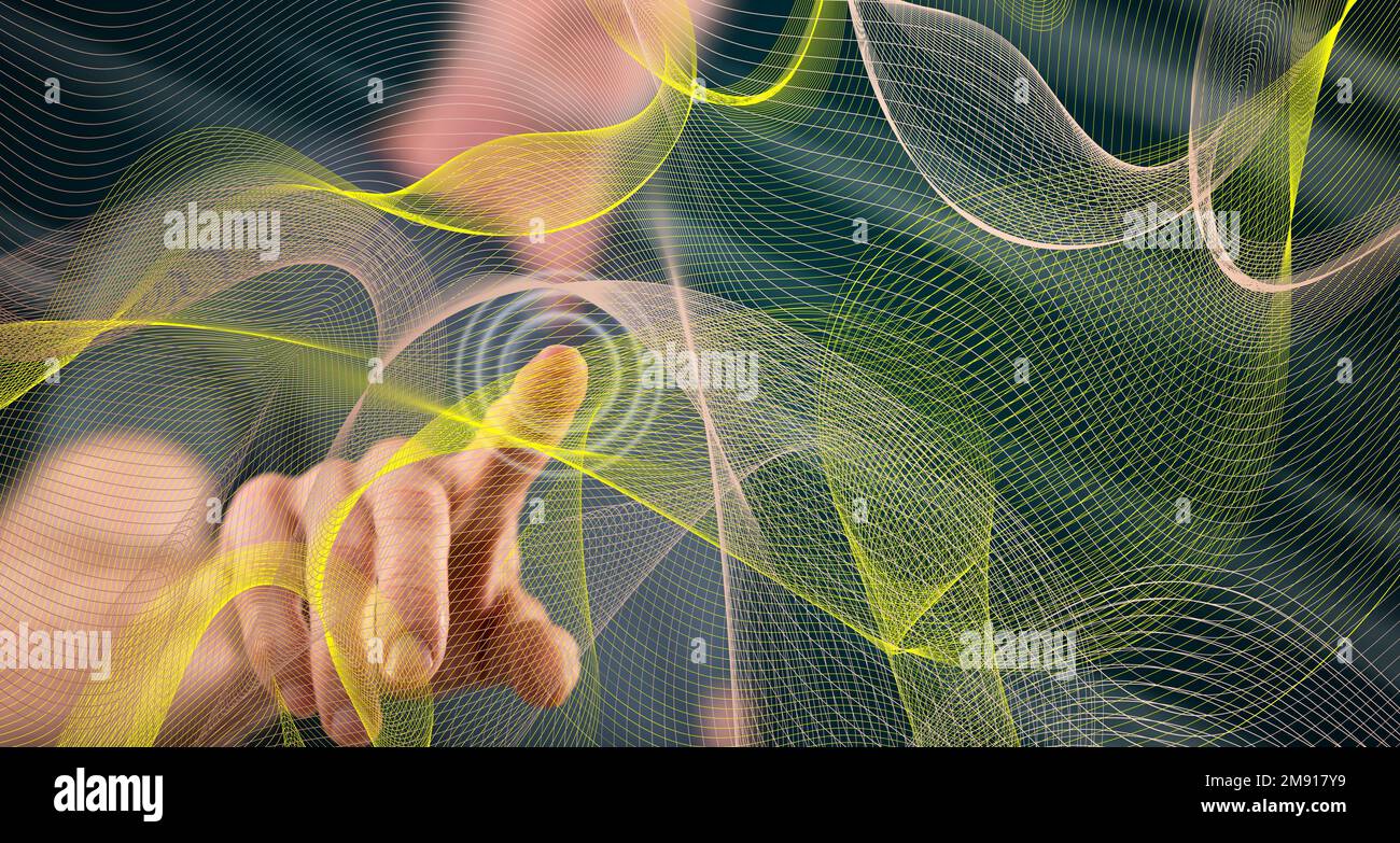 Man touching an abstract wave network concept on a touch screen with ...