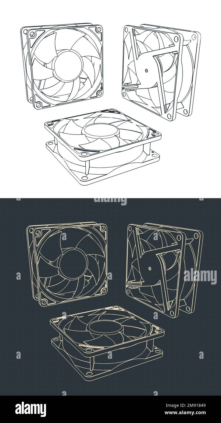 Stylized vector illustrations of blueprints of fans for CPU coolers and ...