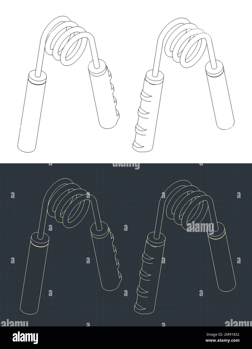 Stylized vector illustration of isometric blueprints of an arm grip ...